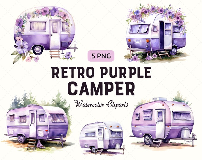 Yellow Campers Vintage Clipart Bundle, Retro Sunflowers Camping Trailer ...
