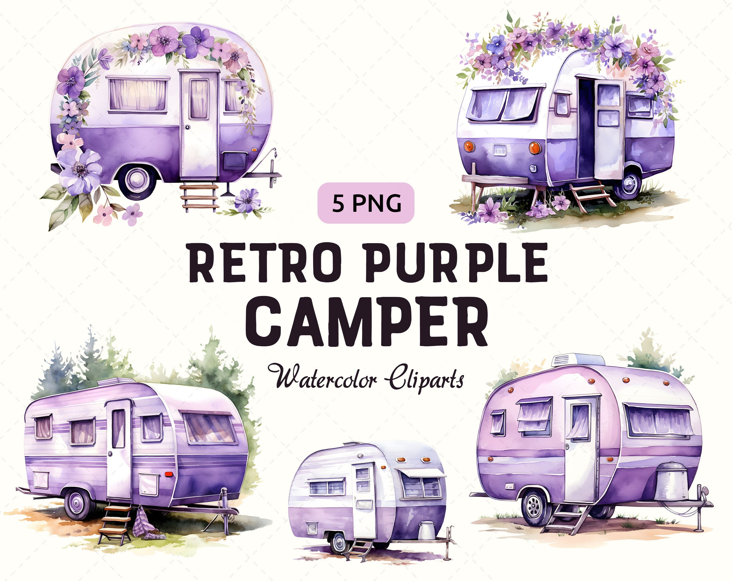 Purple Retro Camper Clipart: Lavender Watercolor Camping Trailers ...