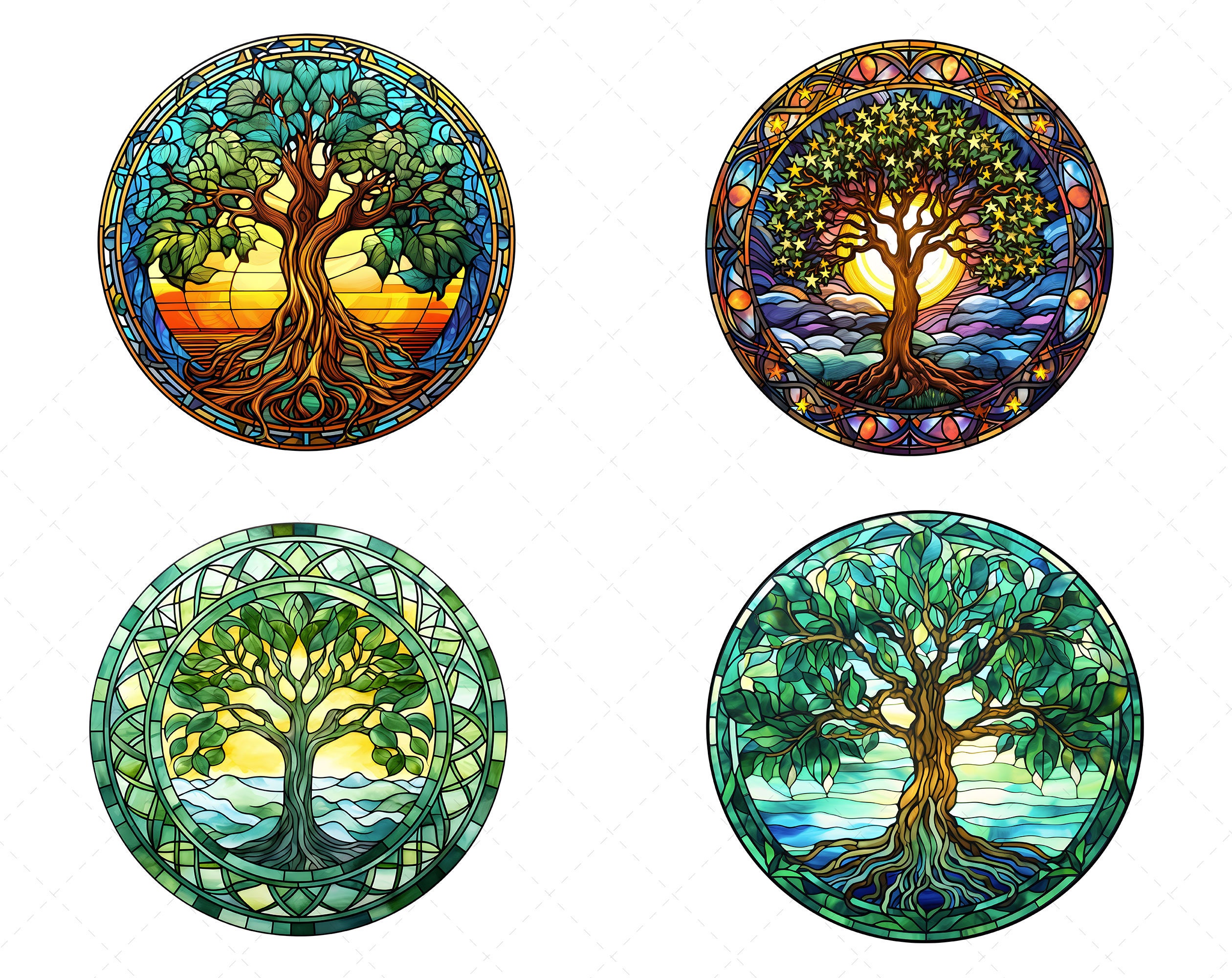 28 Stained Glass Tree of Life Clipart PNG Bundle, Watercolor Fantasy ...
