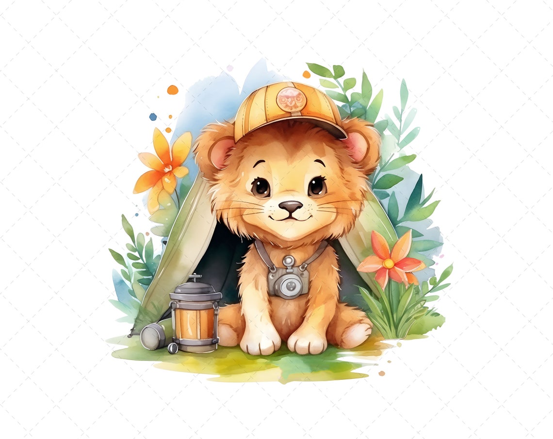 Cute Baby Lion Camping Watercolor Clipart Png Bundle Little - Etsy