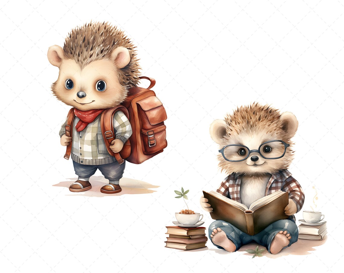 Cute Hedgehog Bookworm Clipart 12 PNG Bundle, Watercolor Baby Hedgehog ...