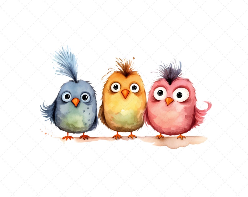 Funny Quirky Birds Watercolour Clipart, Whimsical Birds on a Branch ...