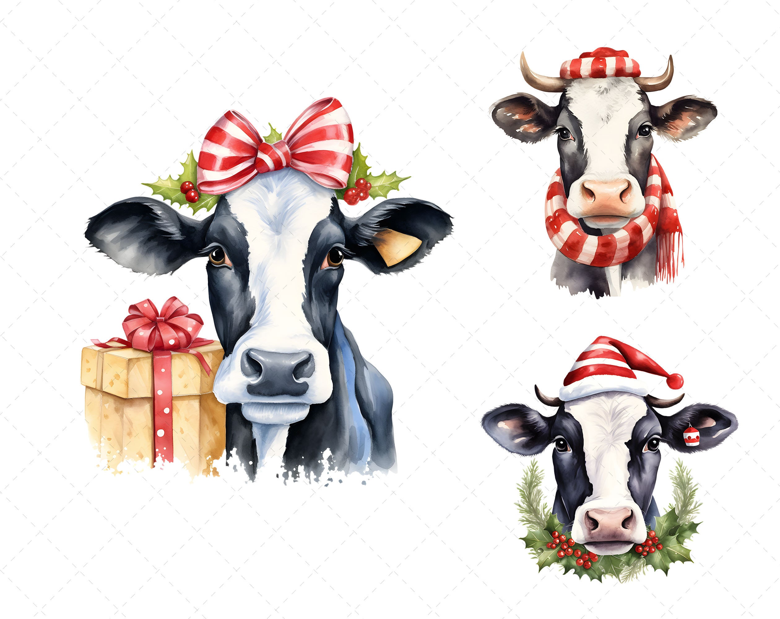 Christmas Holstein Cow Clipart PNG Bundle, Cows With Christmas Hats PNG ...
