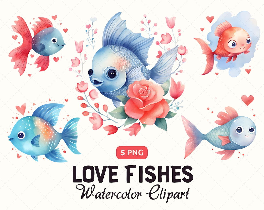 Love Fish Watercolor Clipart Bundle, Valentine's Day Adorable Fishes ...