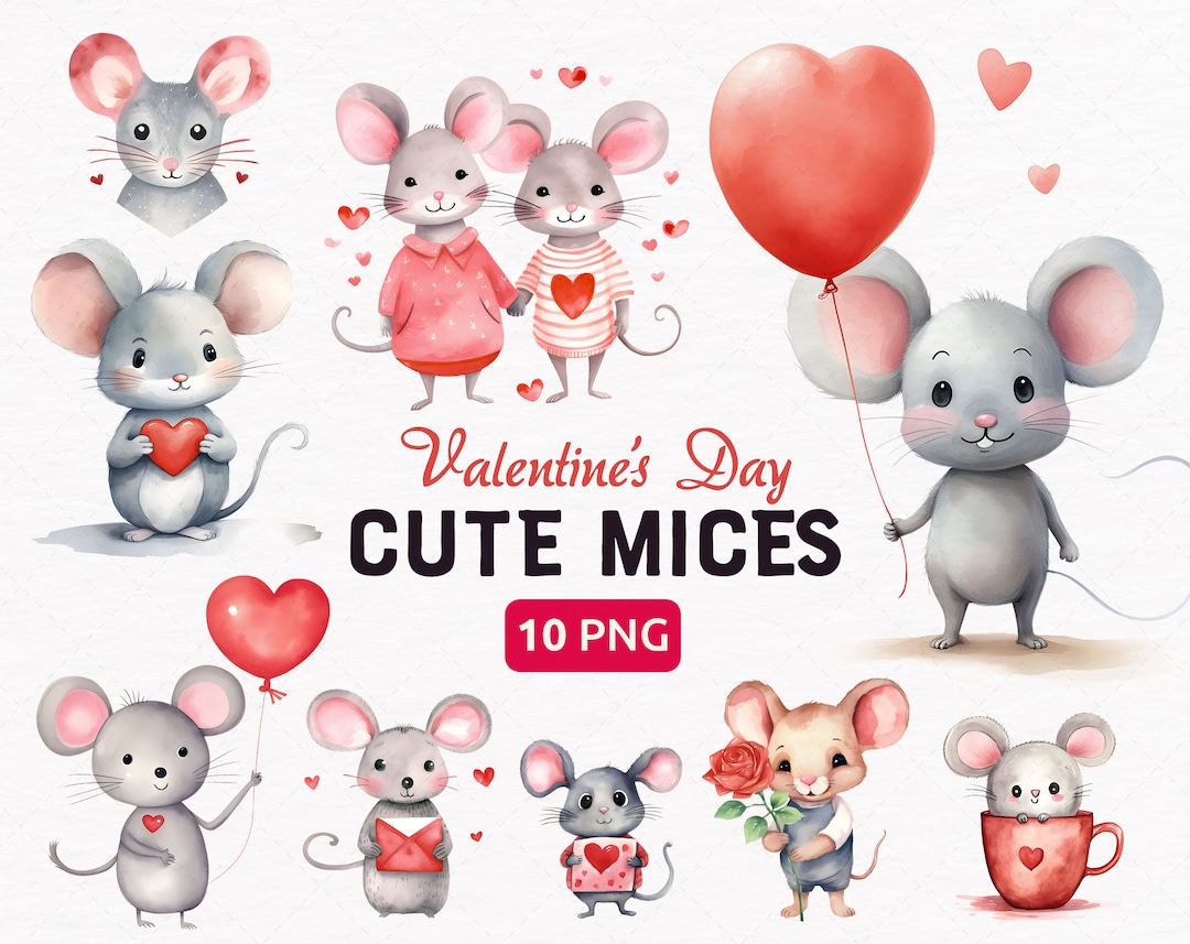Cute Valentine Mice Watercolor Clipart Bundle, Valentine's Day Mouse ...