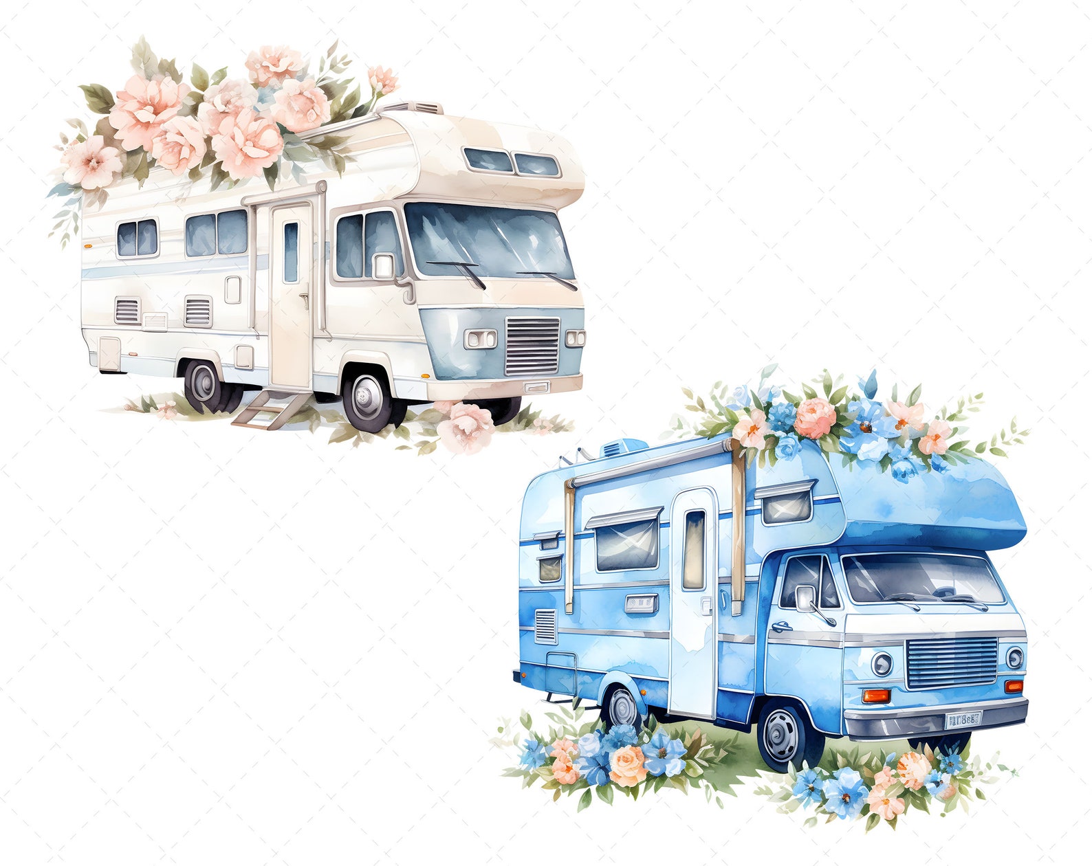 Floral Motorhome RV Retro Clipart Bundle, Vintage Pastel Camper ...