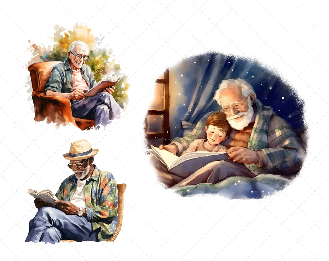 Grandpa Reading Book Clipart PNG Bundle, Old Man Bookworm, Grandad and ...