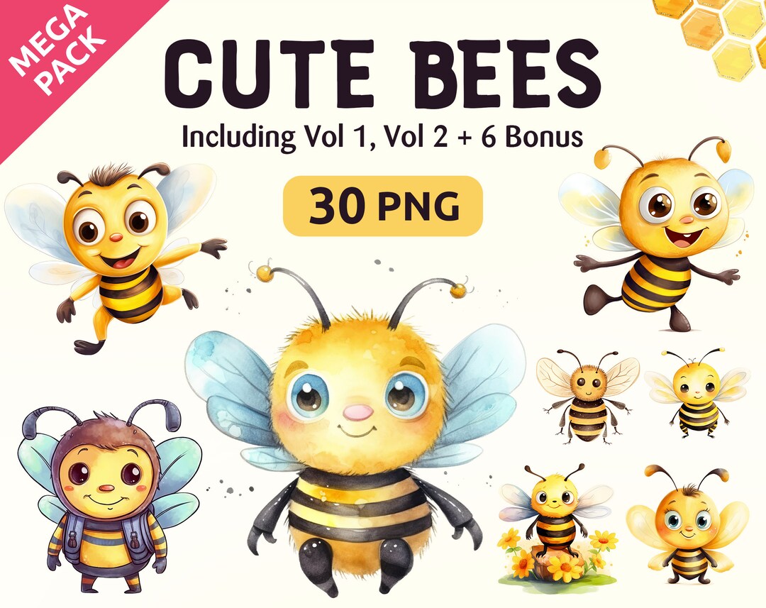 Cute Cartoon Bee Watercolor Clipart MEGAPACK, Honey Bee Clipart Png ...