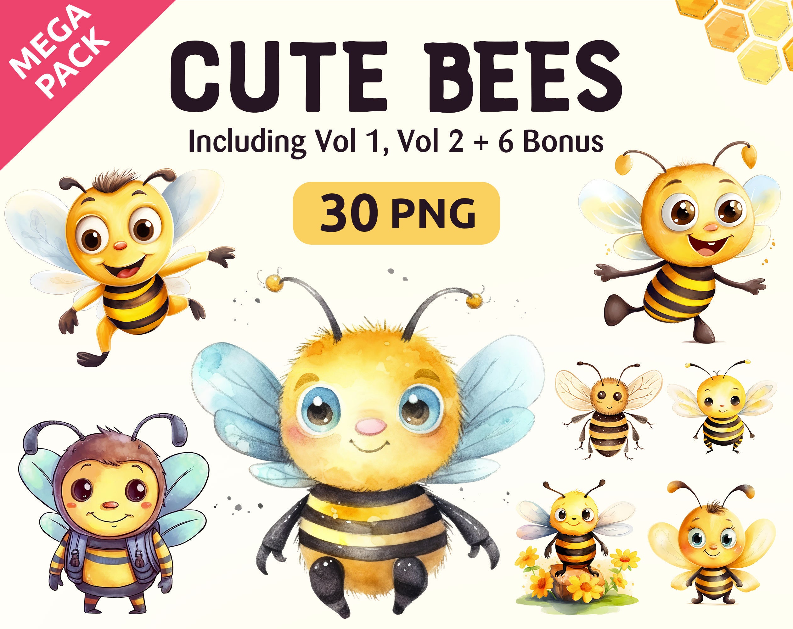 Cute Cartoon Bee Watercolor Clipart MEGAPACK, Honey Bee Clipart Png ...