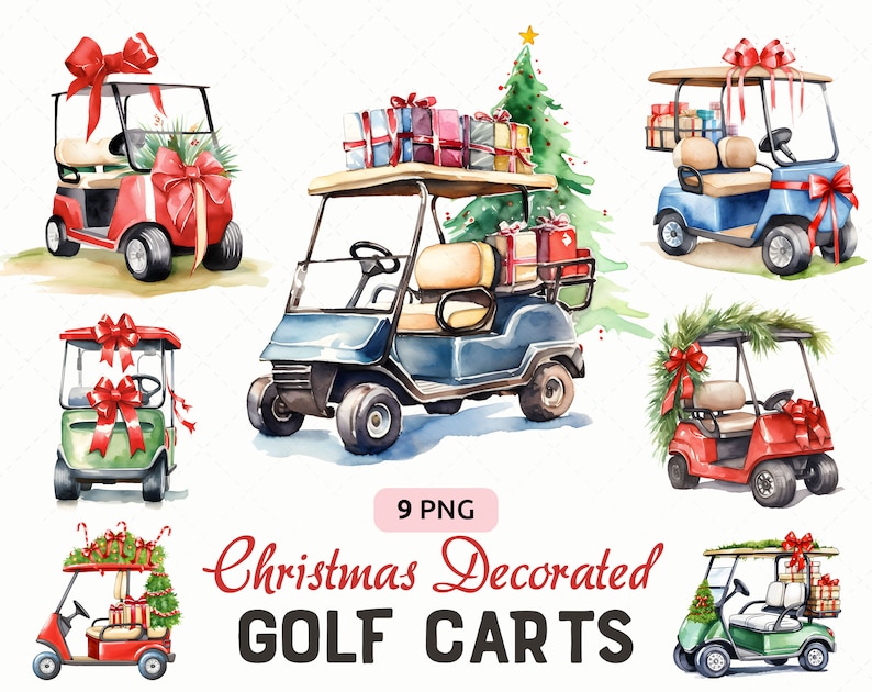 Christmas Decorated Golf Cart Clipart PNG Bundle, Christmas in July ...