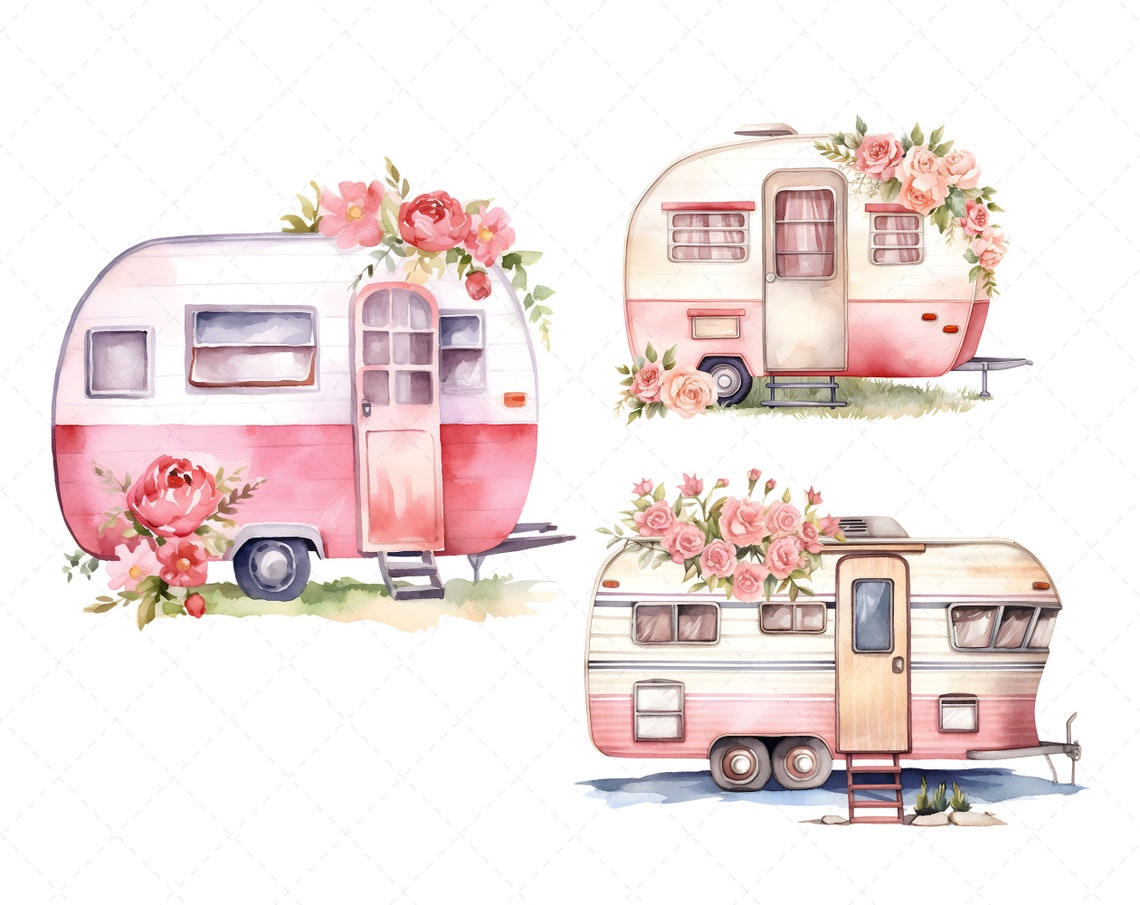 Pink Campers Vintage Clipart Bundle, Retro Flower Camping Trailers ...