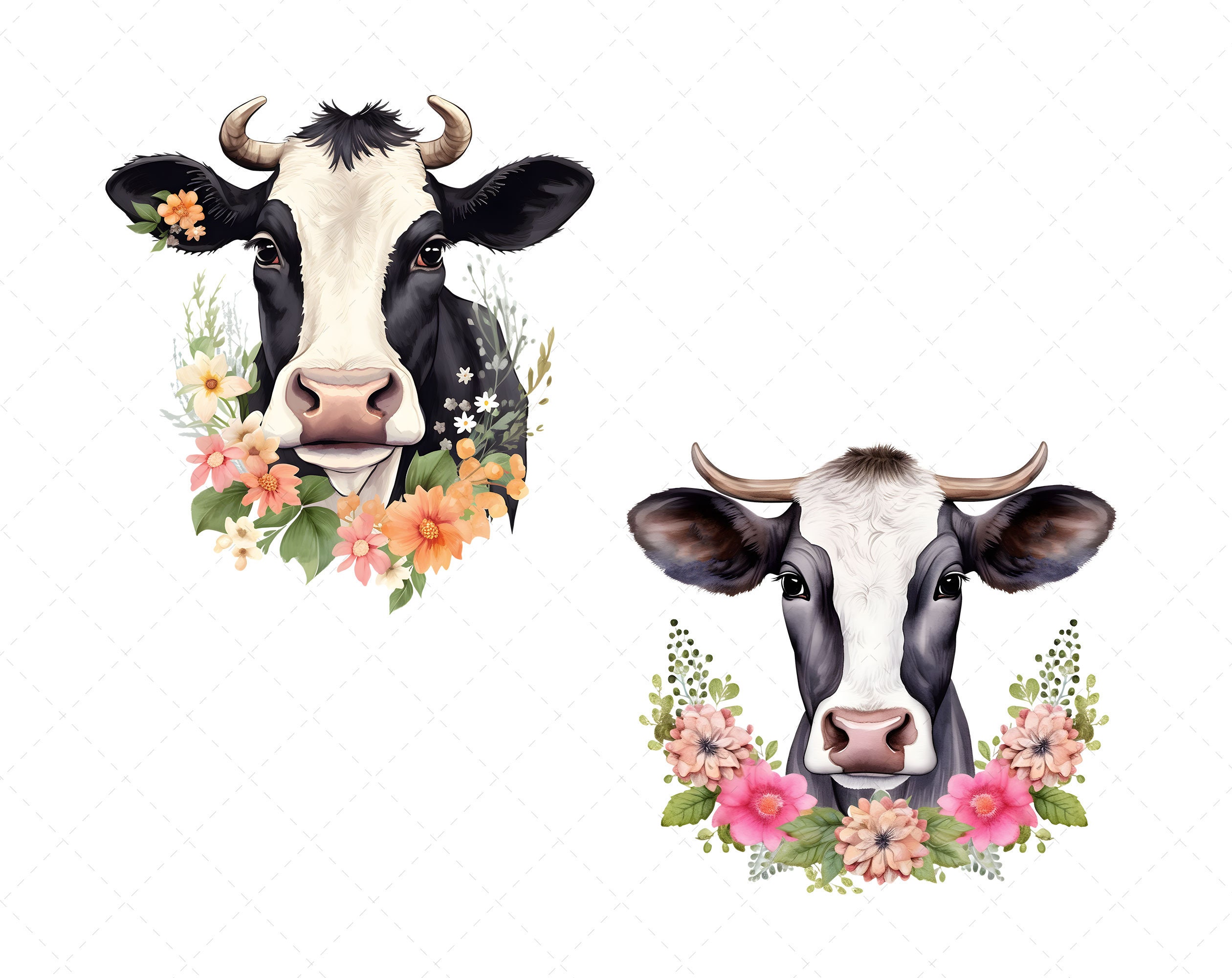 Holstein Cow Floral Clipart PNG Bundle, Cows Transparent Sublimation ...