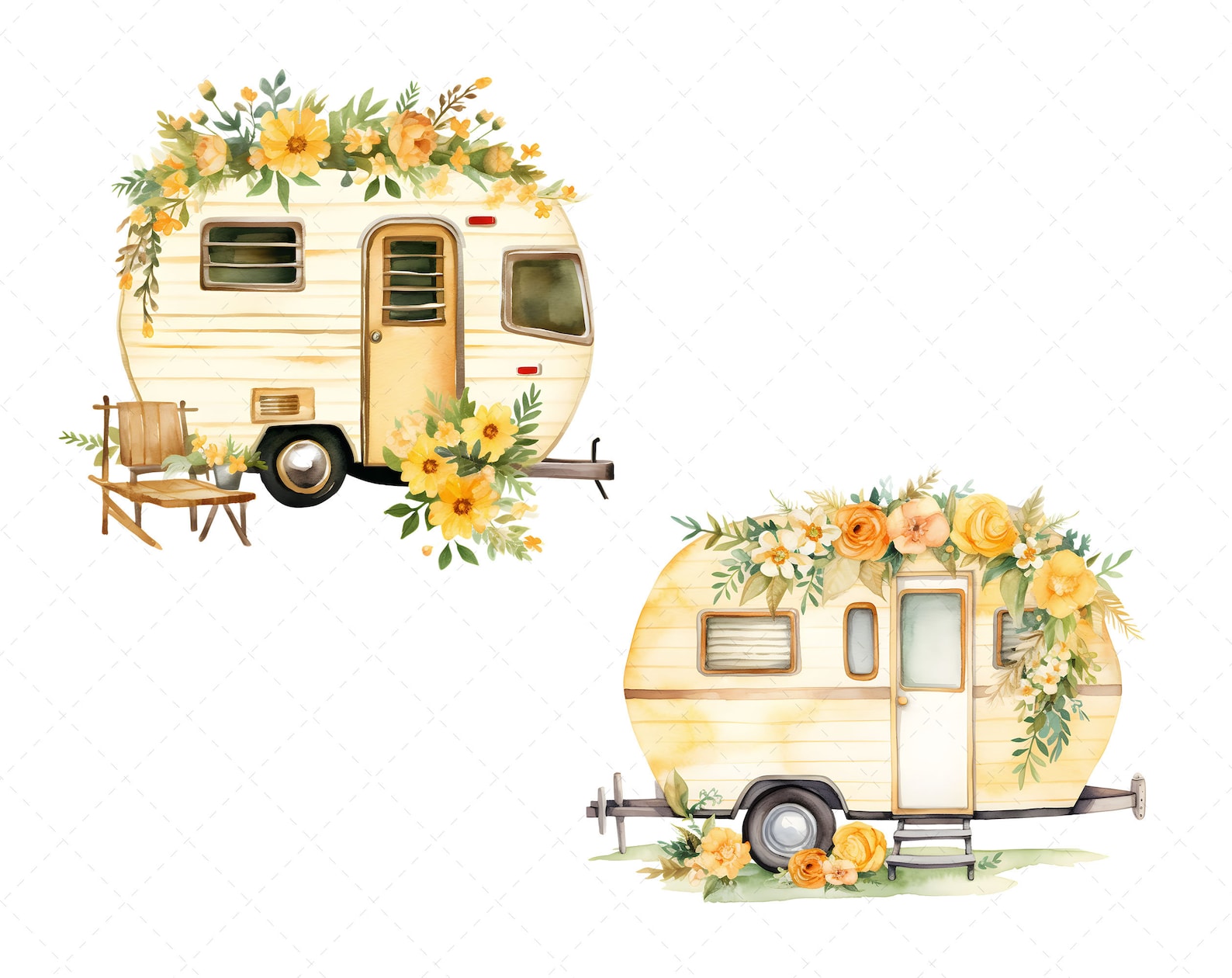 Yellow Campers Vintage Clipart Bundle, Retro Sunflowers Camping Trailer ...