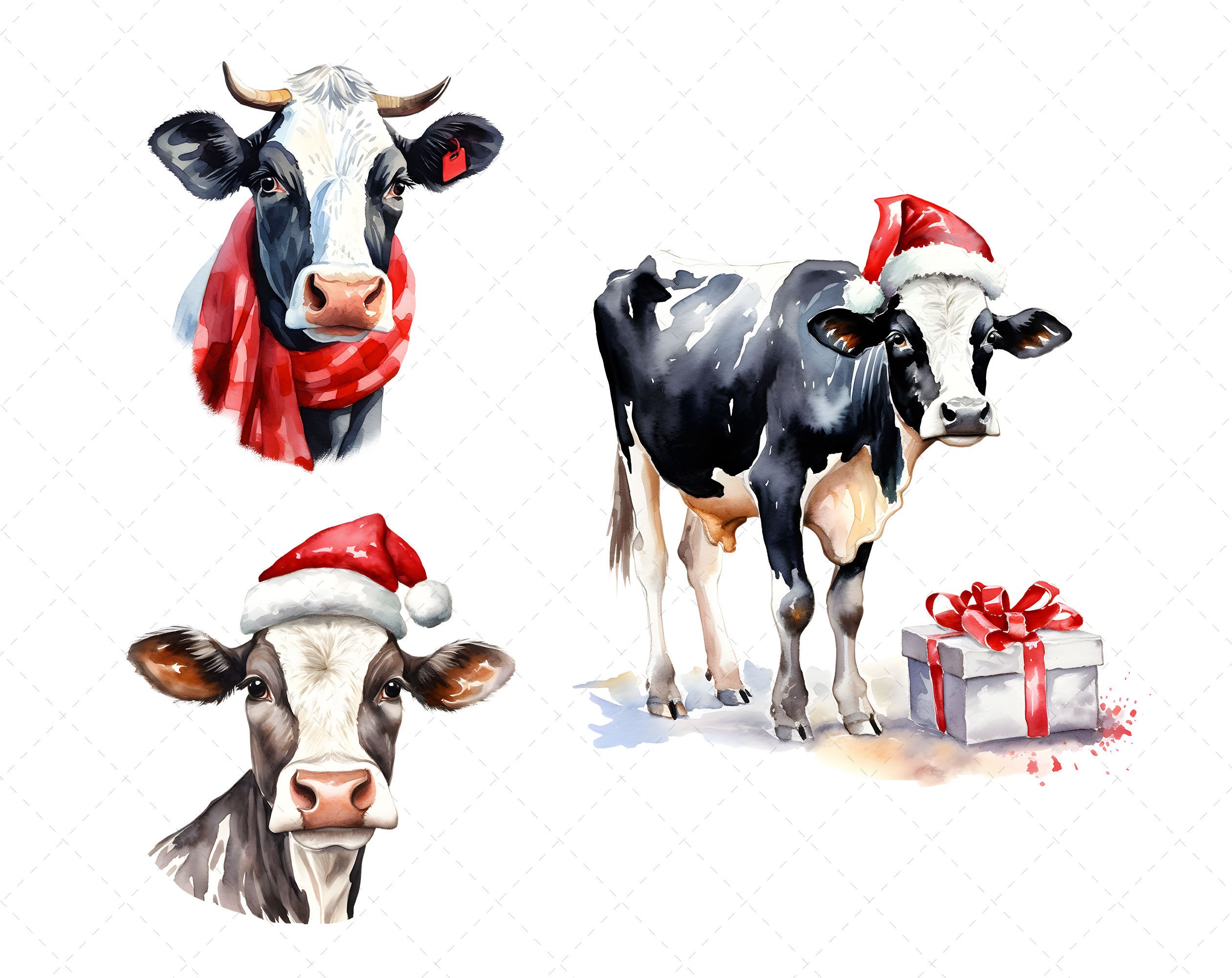 Christmas Holstein Cow Clipart PNG Bundle, Cows With Christmas Hats PNG ...
