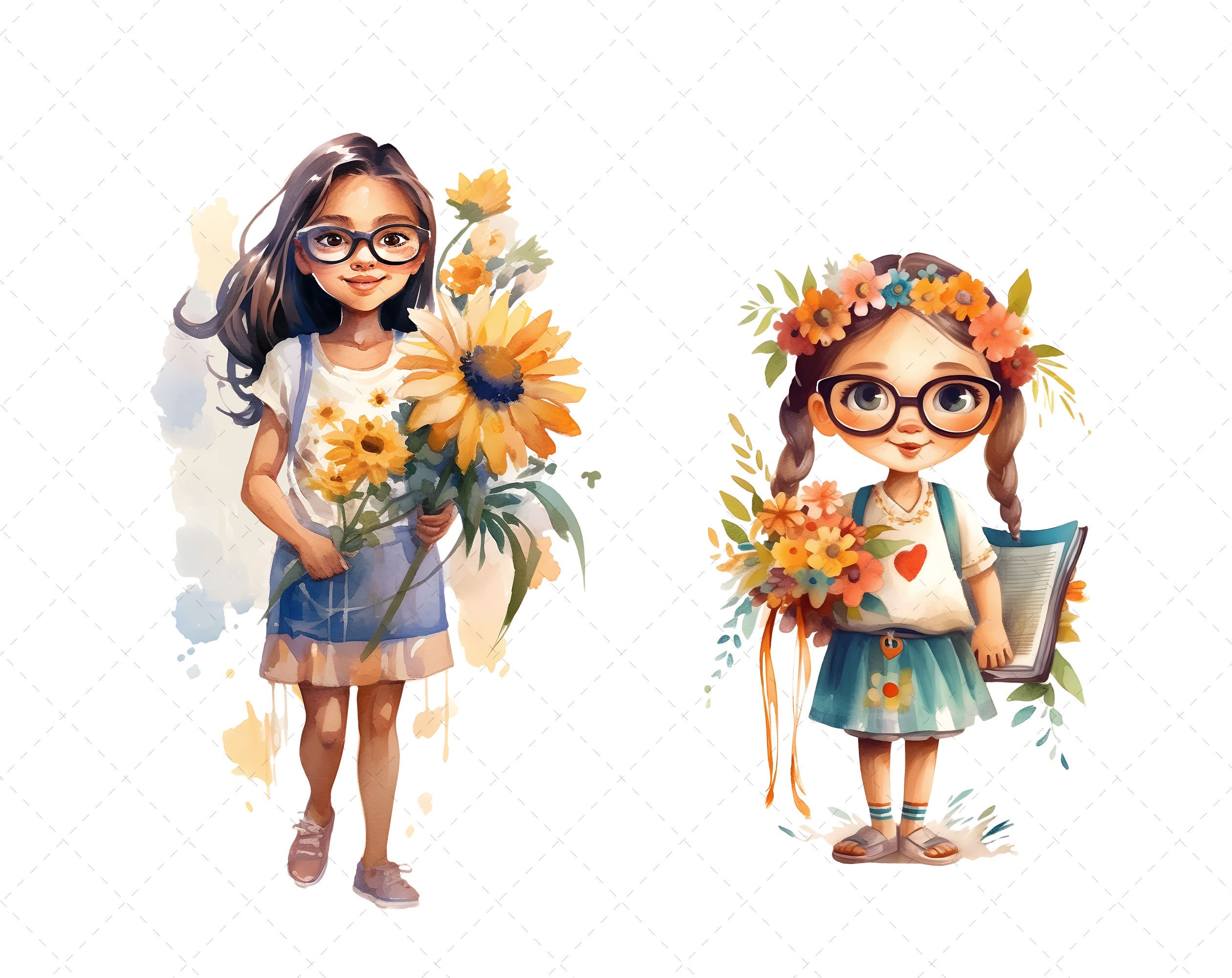 Hippie Girl Clipart 7 PNG Bundle, Watercolor Flower Power Sublimation ...