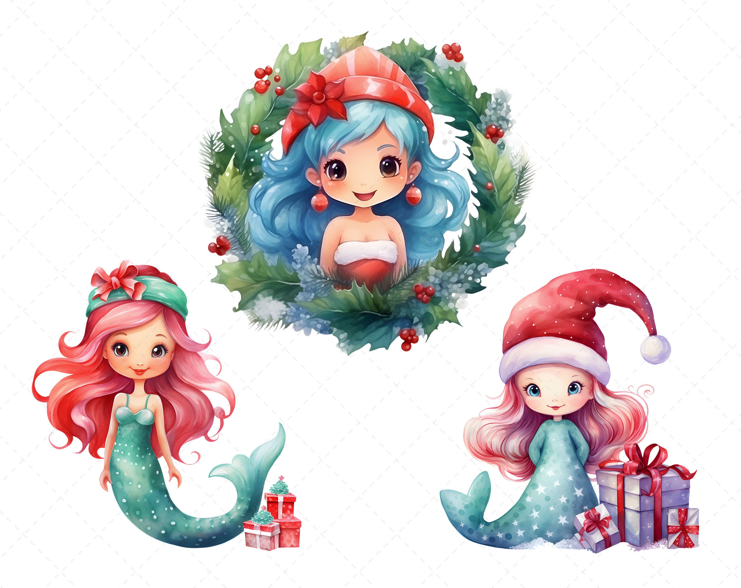 Christmas Mermaid Clipart PNG Bundle, Cute Girl in Christmas Wreath ...