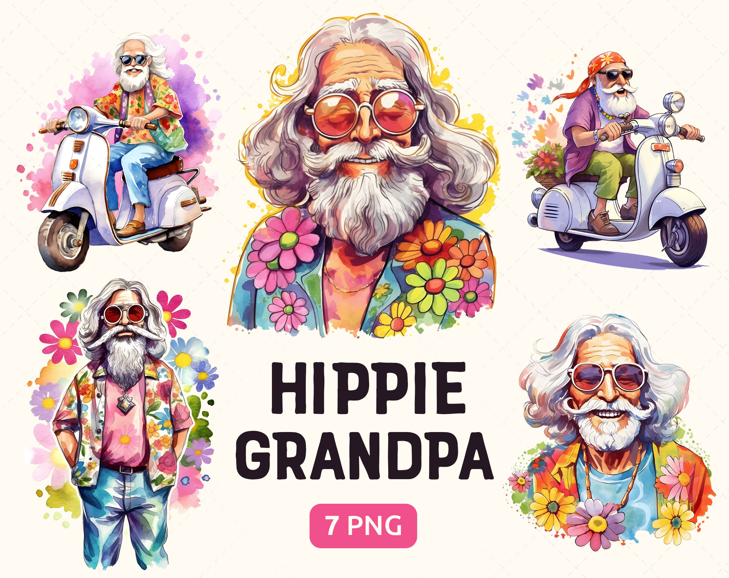 Hippie Grandpa Clipart PNG, Funny Grandfather Watercolor Art Clipart, Elderly PNG Elements, Card ...