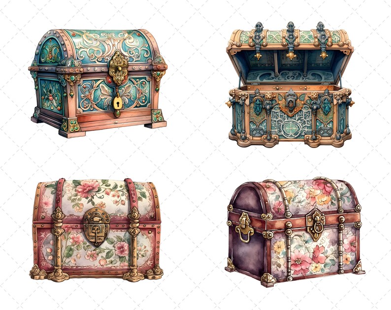 Watercolor Victorian Chests Clipart: Floral Antique Designs (PNG ...
