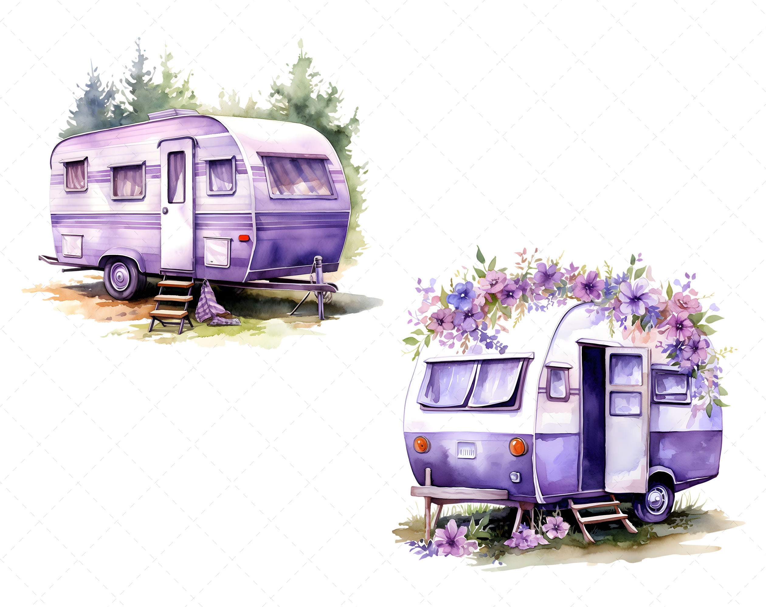 Purple Retro Camper Clipart: Lavender Watercolor Camping Trailers ...