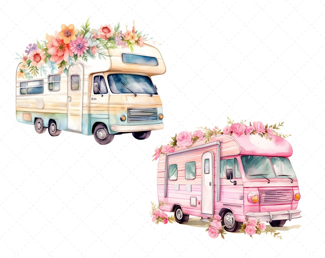 Floral Motorhome RV Retro Clipart Bundle, Vintage Pastel Camper ...