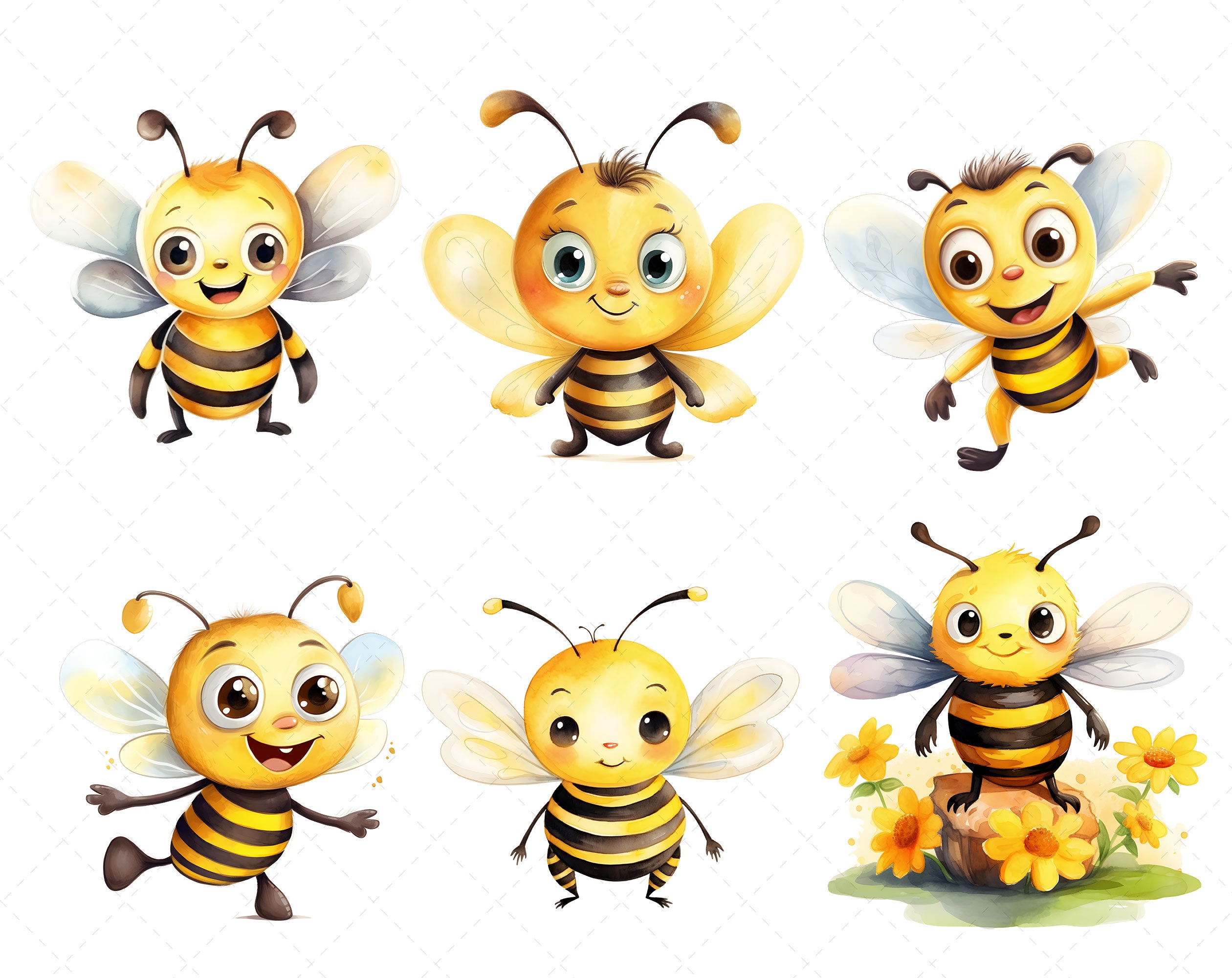 Cute Cartoon Bee Watercolor Clipart MEGAPACK, Honey Bee Clipart Png ...