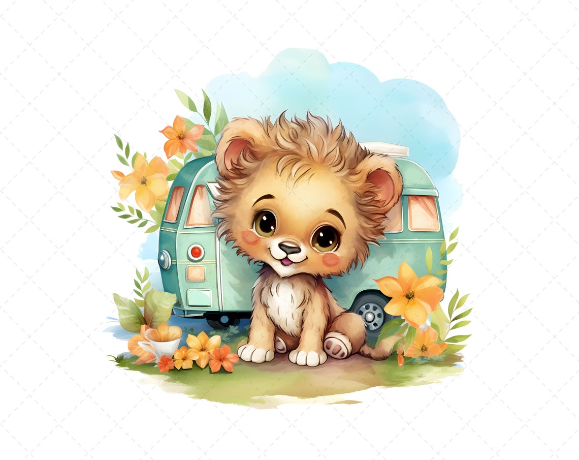 Cute Baby Lion Camping Watercolor Clipart Png Bundle, Little Adorable ...