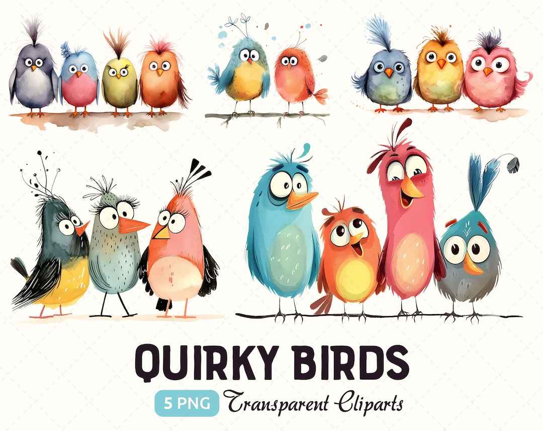 Funny Quirky Birds Watercolour Clipart, Whimsical Birds on a Branch ...