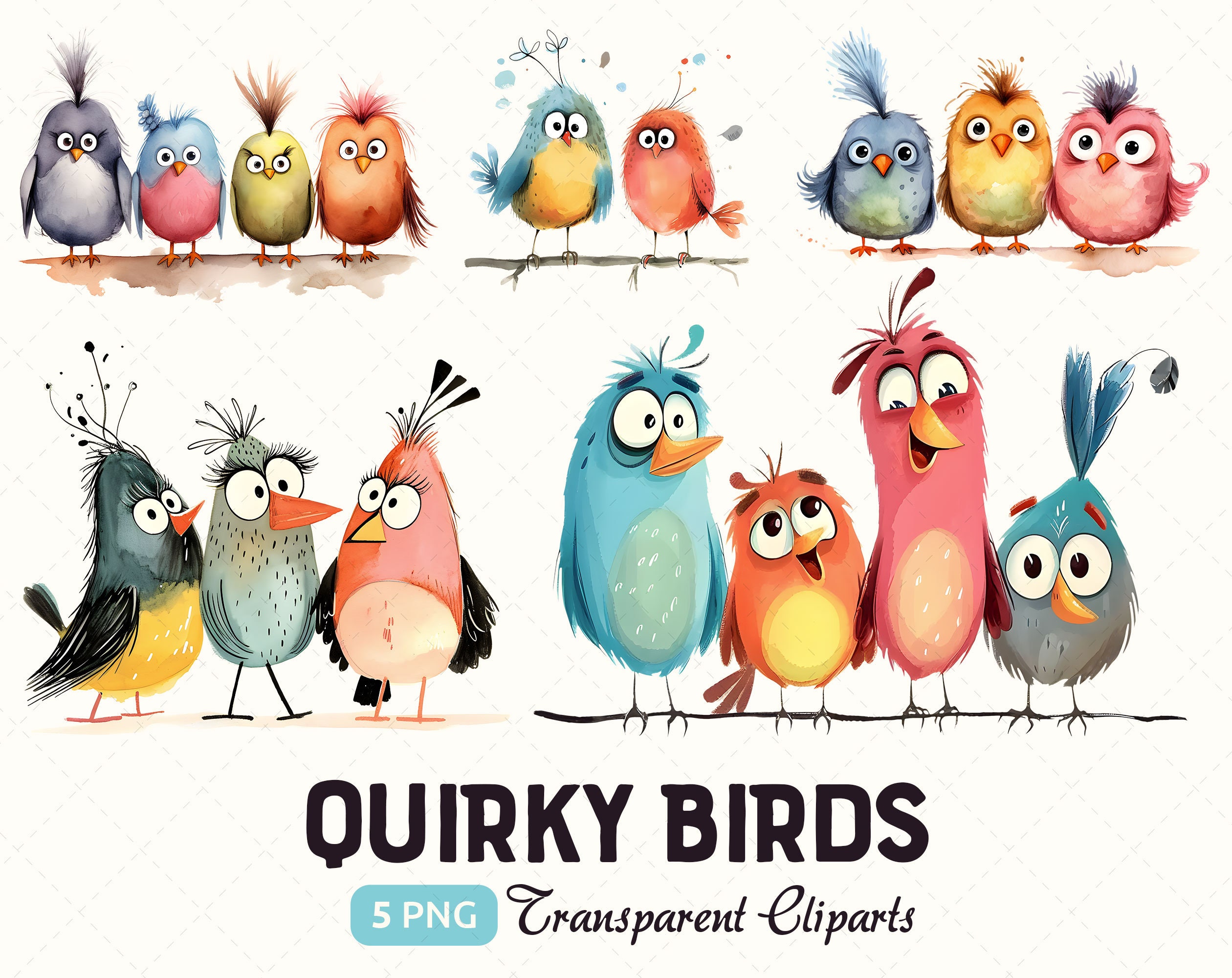 Funny Quirky Birds Watercolour Clipart, Whimsical Birds on a Branch ...
