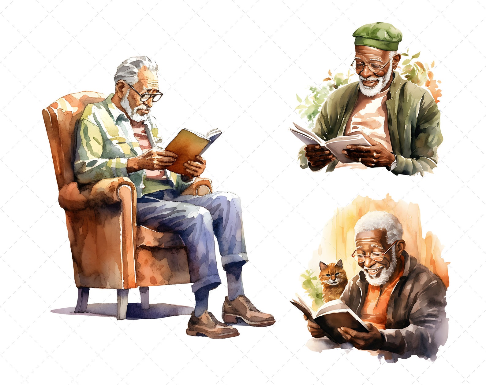 Grandpa Reading Book Clipart PNG Bundle, Old Man Bookworm, Grandad and ...