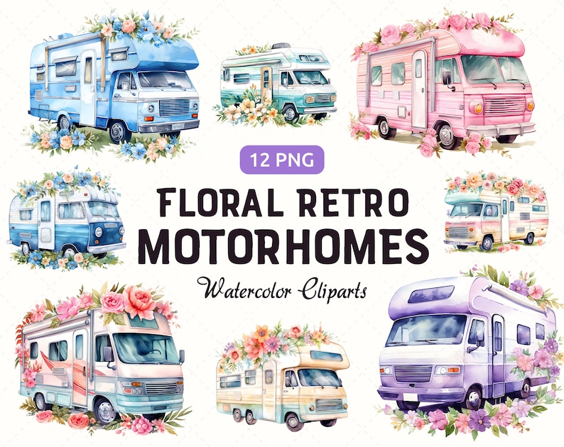 Floral Motorhome RV Retro Clipart Bundle, Vintage Pastel Camper ...