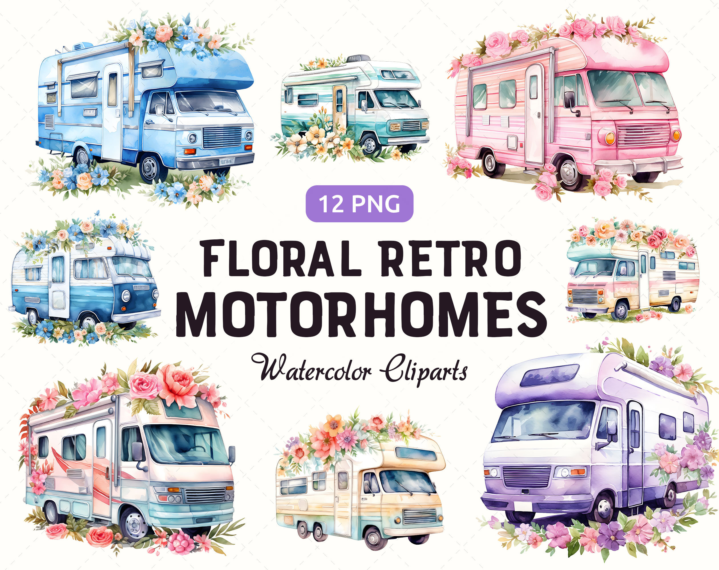 Floral Motorhome RV Retro Clipart Bundle, Vintage Pastel Camper ...