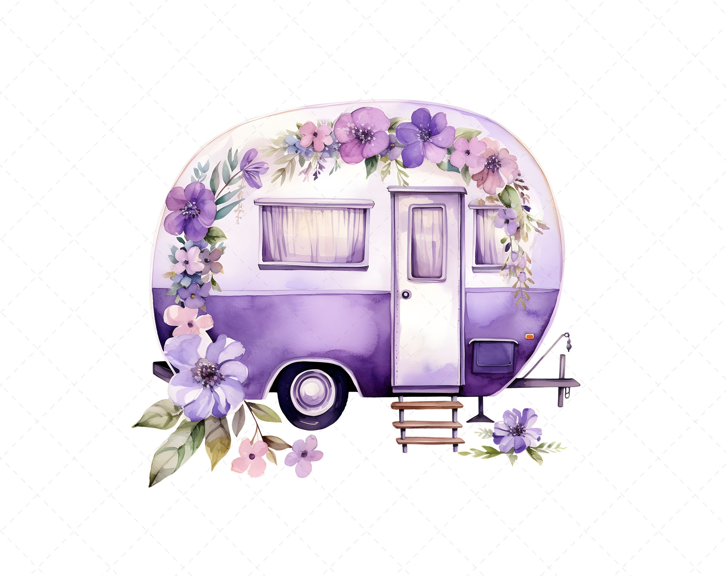 Purple Retro Camper Clipart: Lavender Watercolor Camping Trailers ...