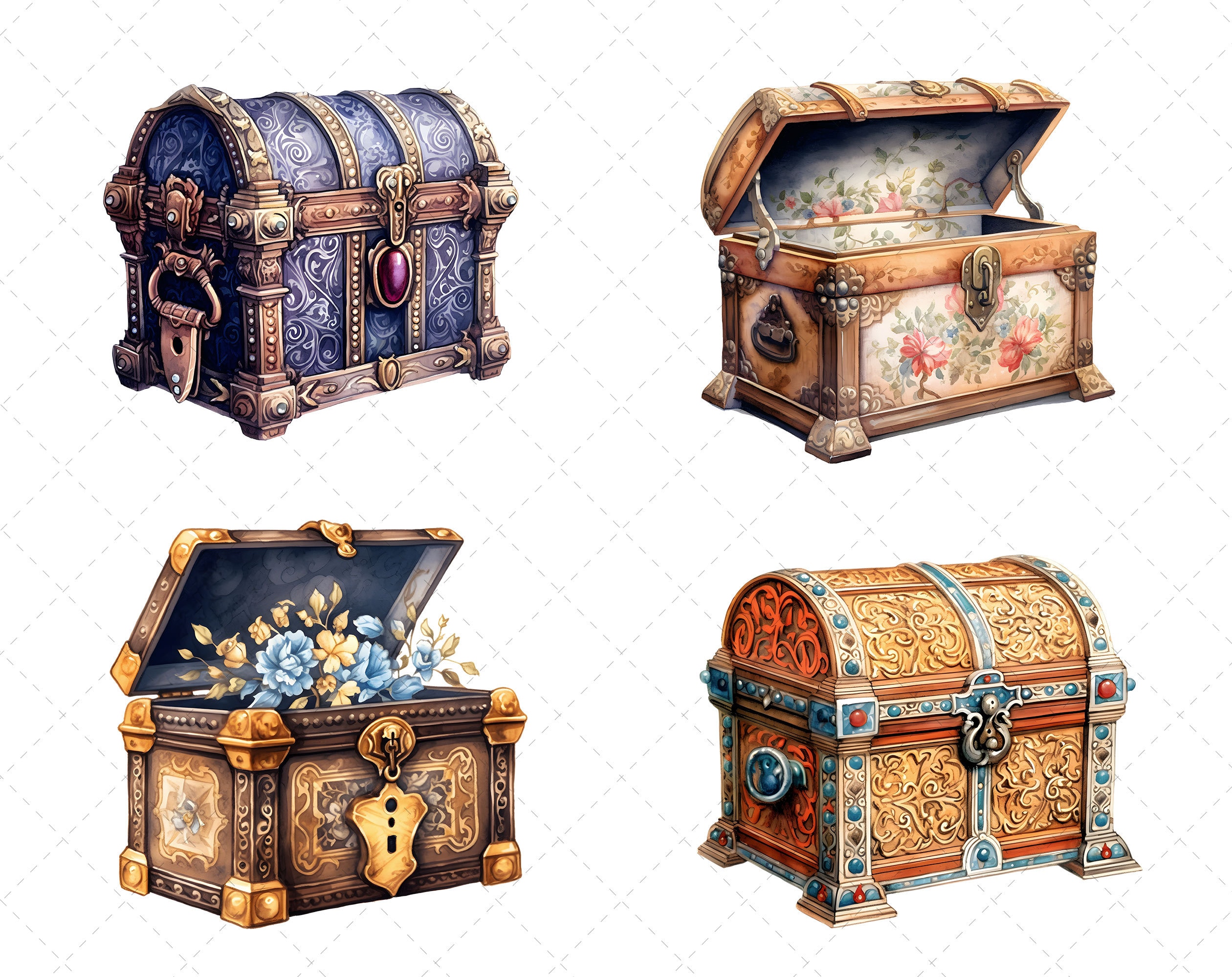 Watercolor Victorian Chests Clipart: Floral Antique Designs (PNG ...