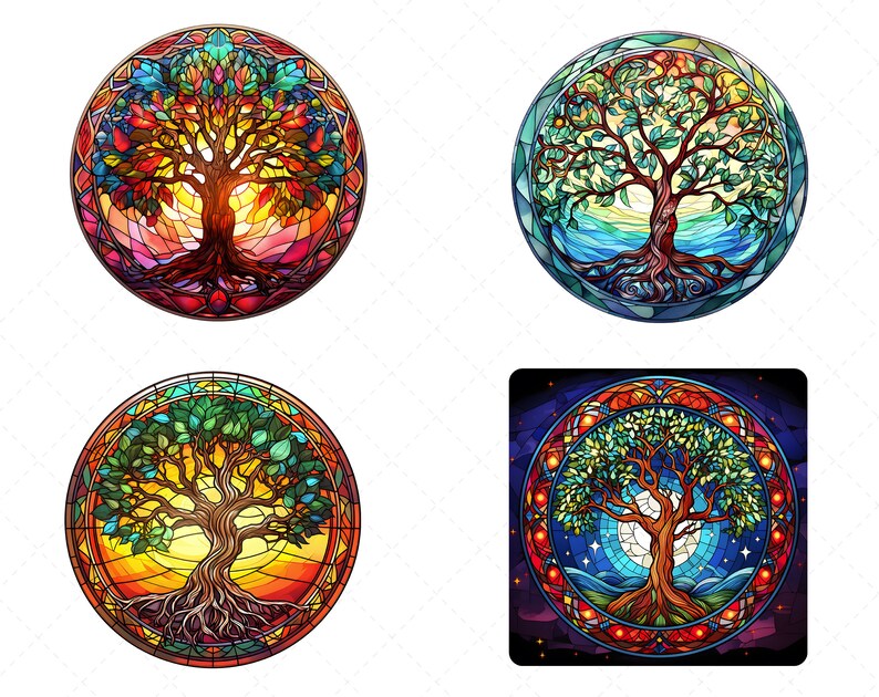 28 Stained Glass Tree of Life Clipart PNG Bundle, Watercolor Fantasy ...