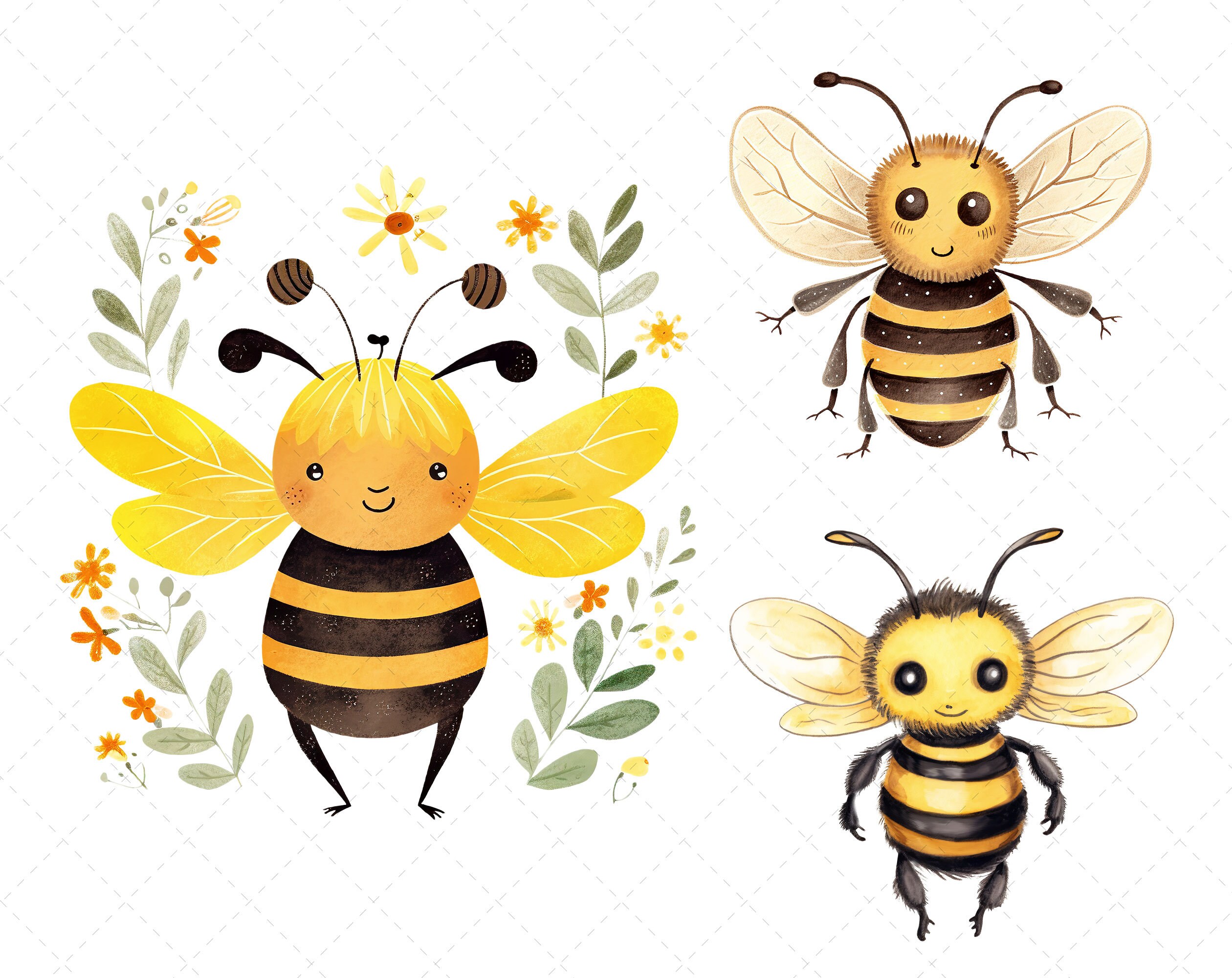Cute Bees Watercolor Clipart Pack Vol 1, Honey Bee Clipart Png, Baby ...