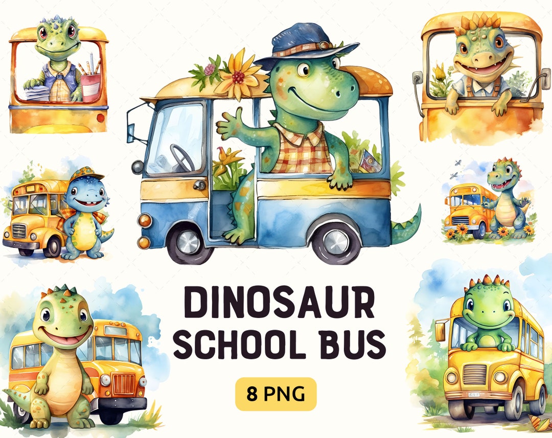 Dinosaur With School Bus Clipart 8 PNG Bundle, School Dino Clip Art ...