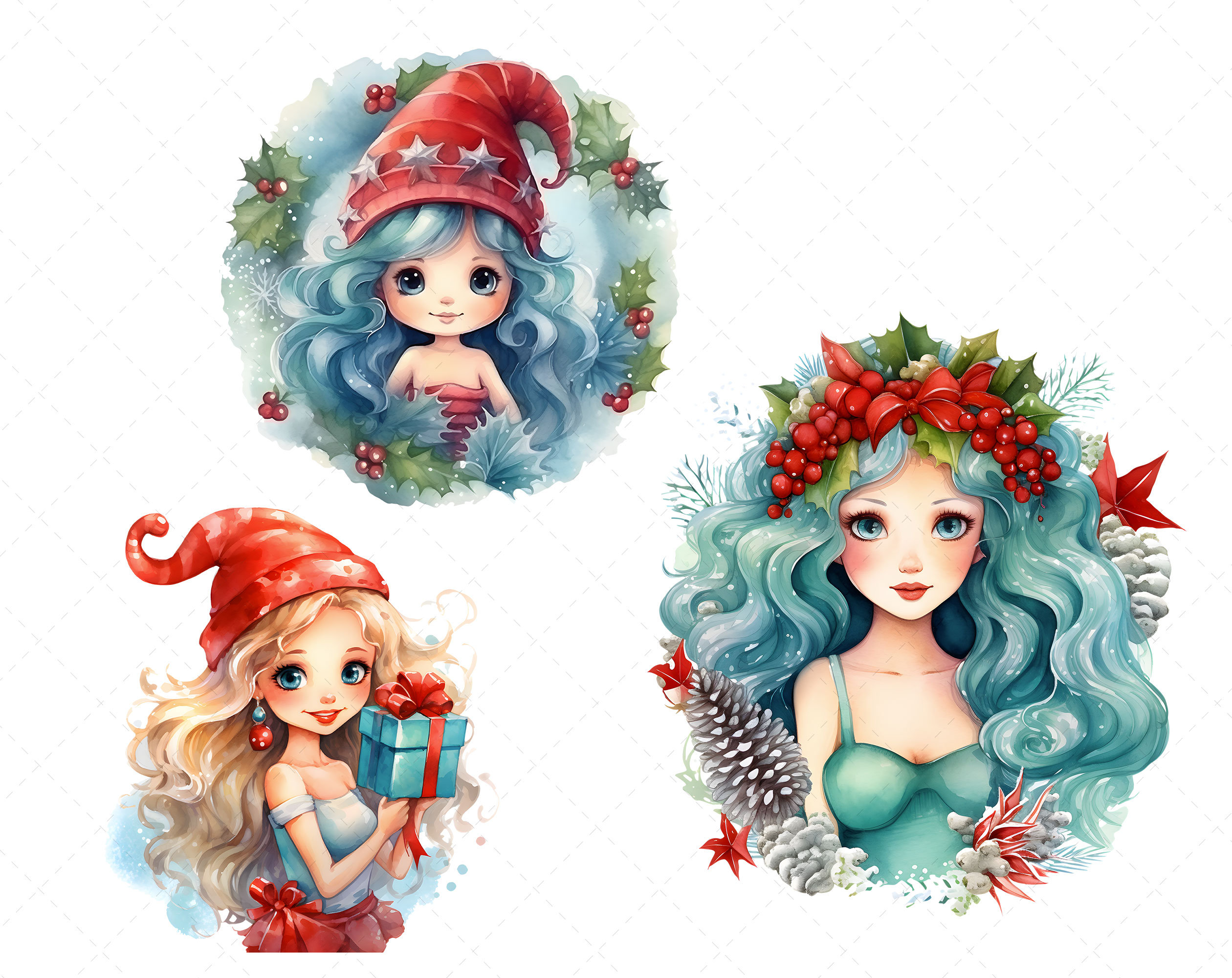 Christmas Mermaid Clipart PNG Bundle, Cute Girl in Christmas Wreath ...