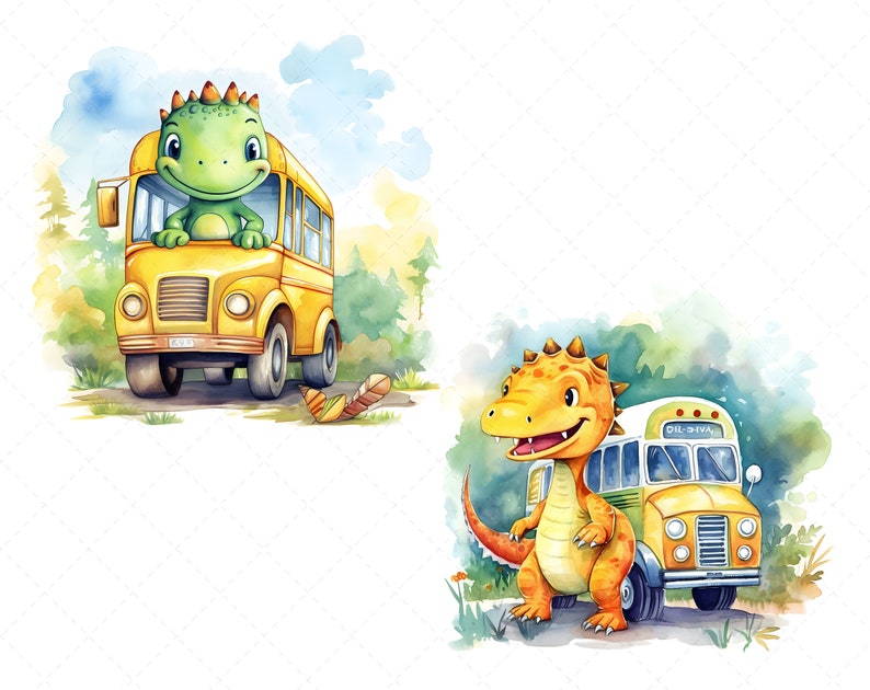 Watercolor Dinosaur School Bus Clipart: 8 PNG Bundle (commercial Use ...