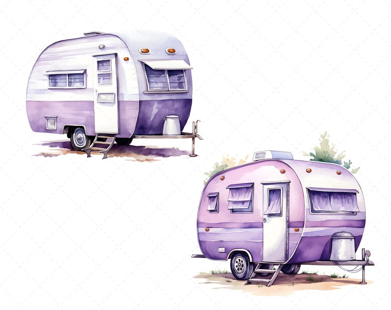 Purple Retro Camper Clipart: Lavender Watercolor Camping Trailers ...