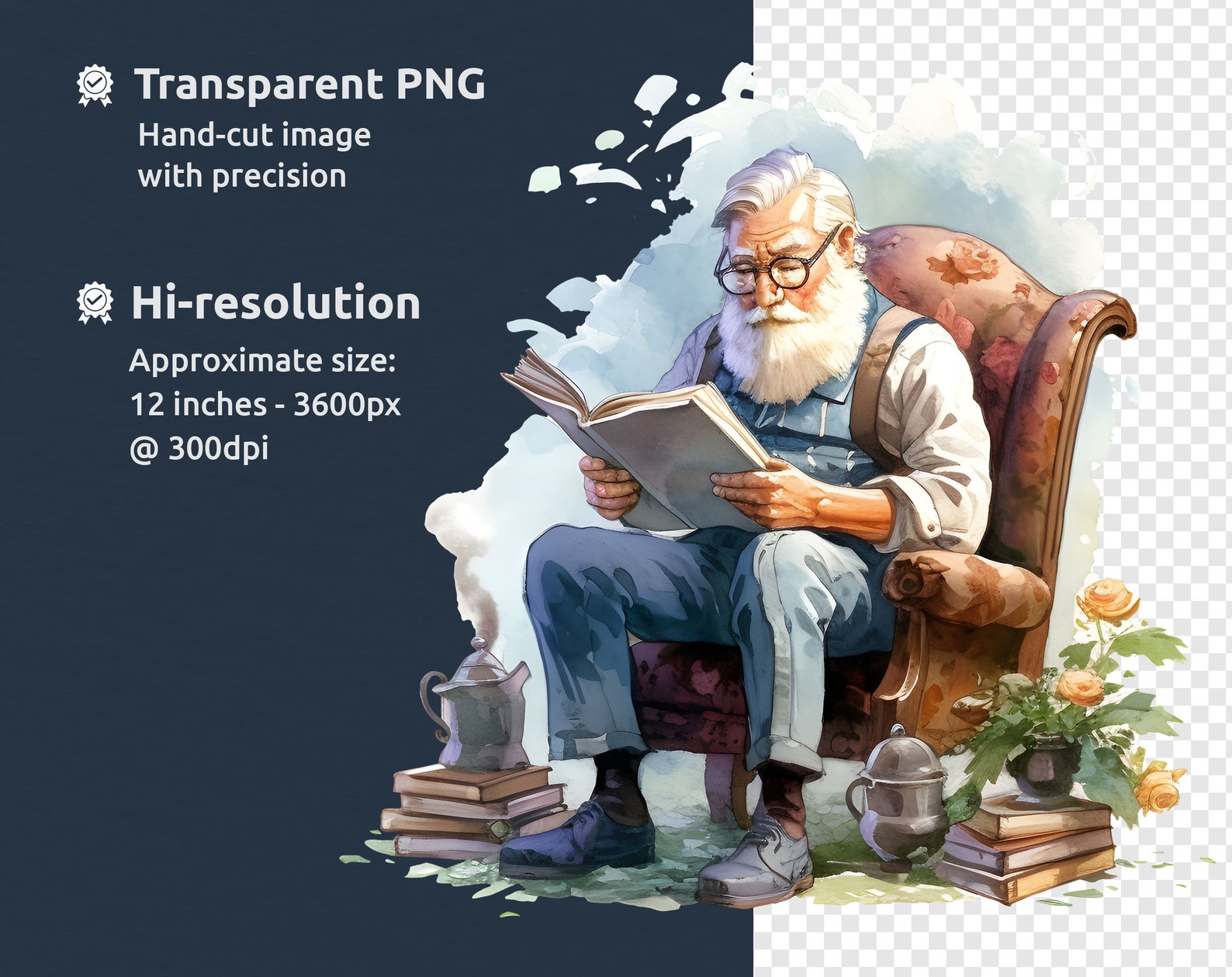 Grandpa Reading Book Clipart PNG Bundle, Old Man Bookworm, Grandad and ...