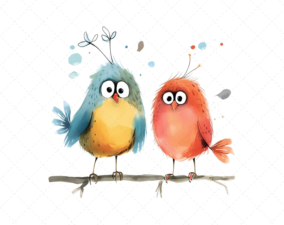 Funny Quirky Birds Watercolour Clipart, Whimsical Birds on a Branch ...