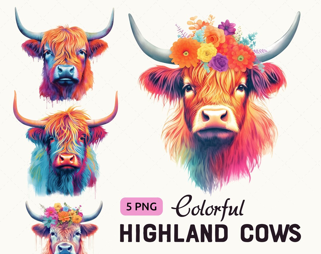 Colorful Highland Cows Clipart Png Bundle, Highland Cattle Risograph ...