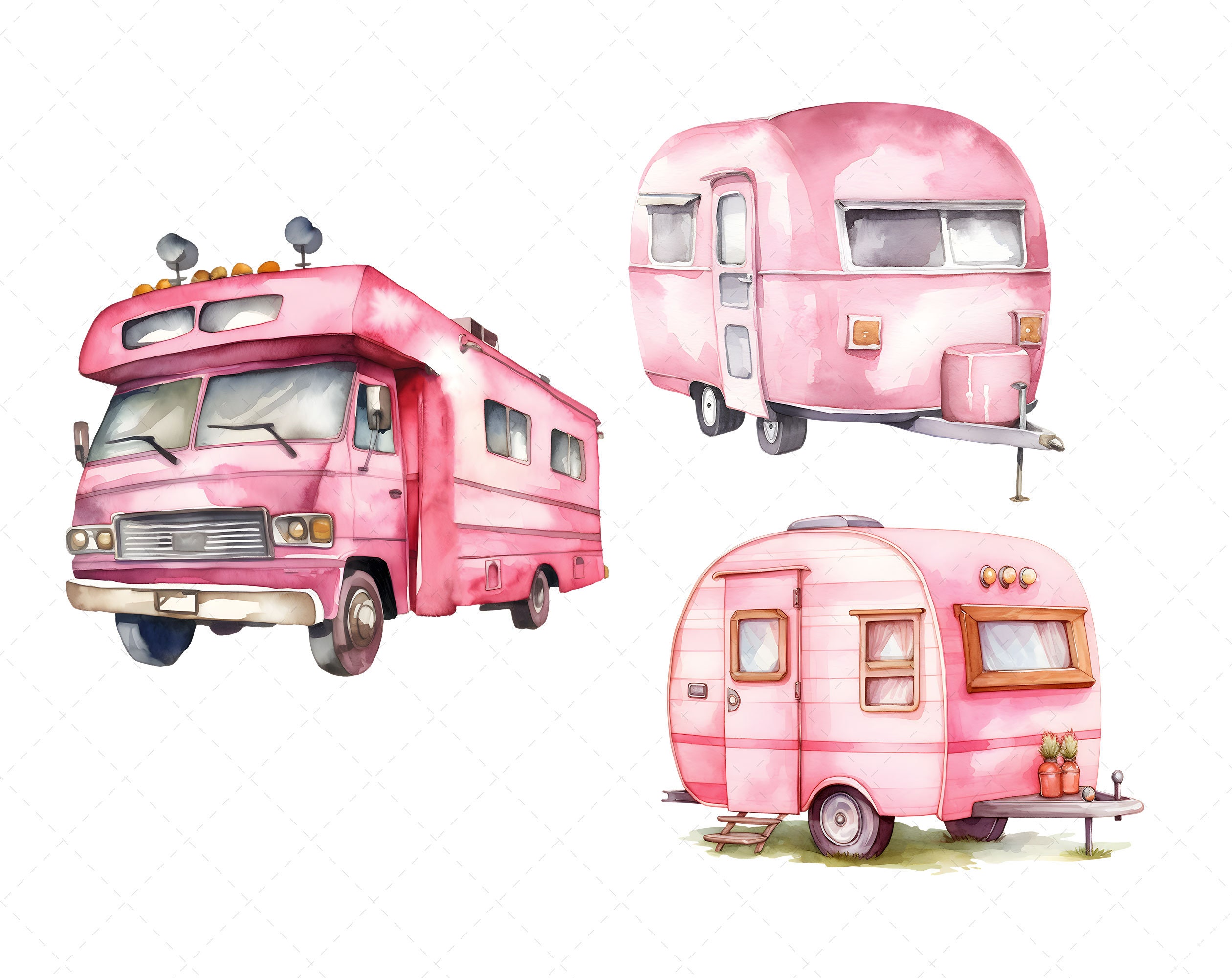 Pink Campers Vintage Clipart Bundle, Retro Flower Camping Trailers ...