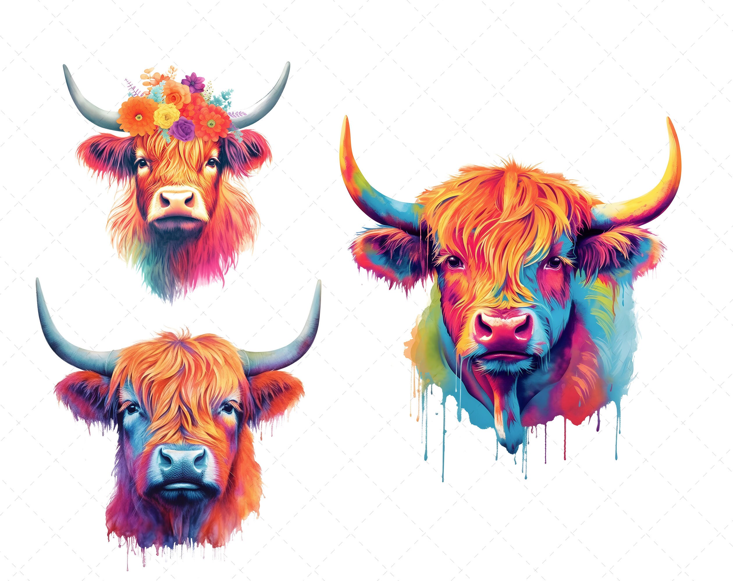 Colorful Highland Cows Clipart Png Bundle, Highland Cattle Risograph ...