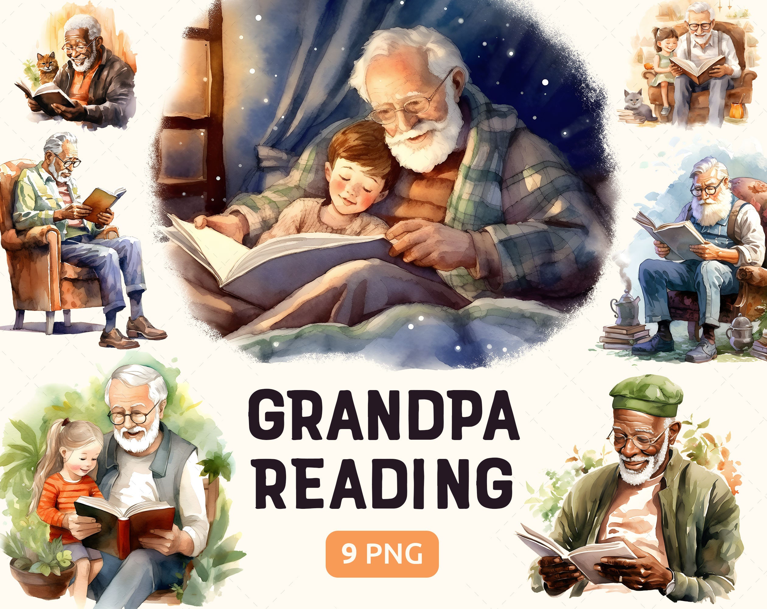 Grandpa Reading Book Clipart PNG Bundle, Old Man Bookworm, Grandad and ...