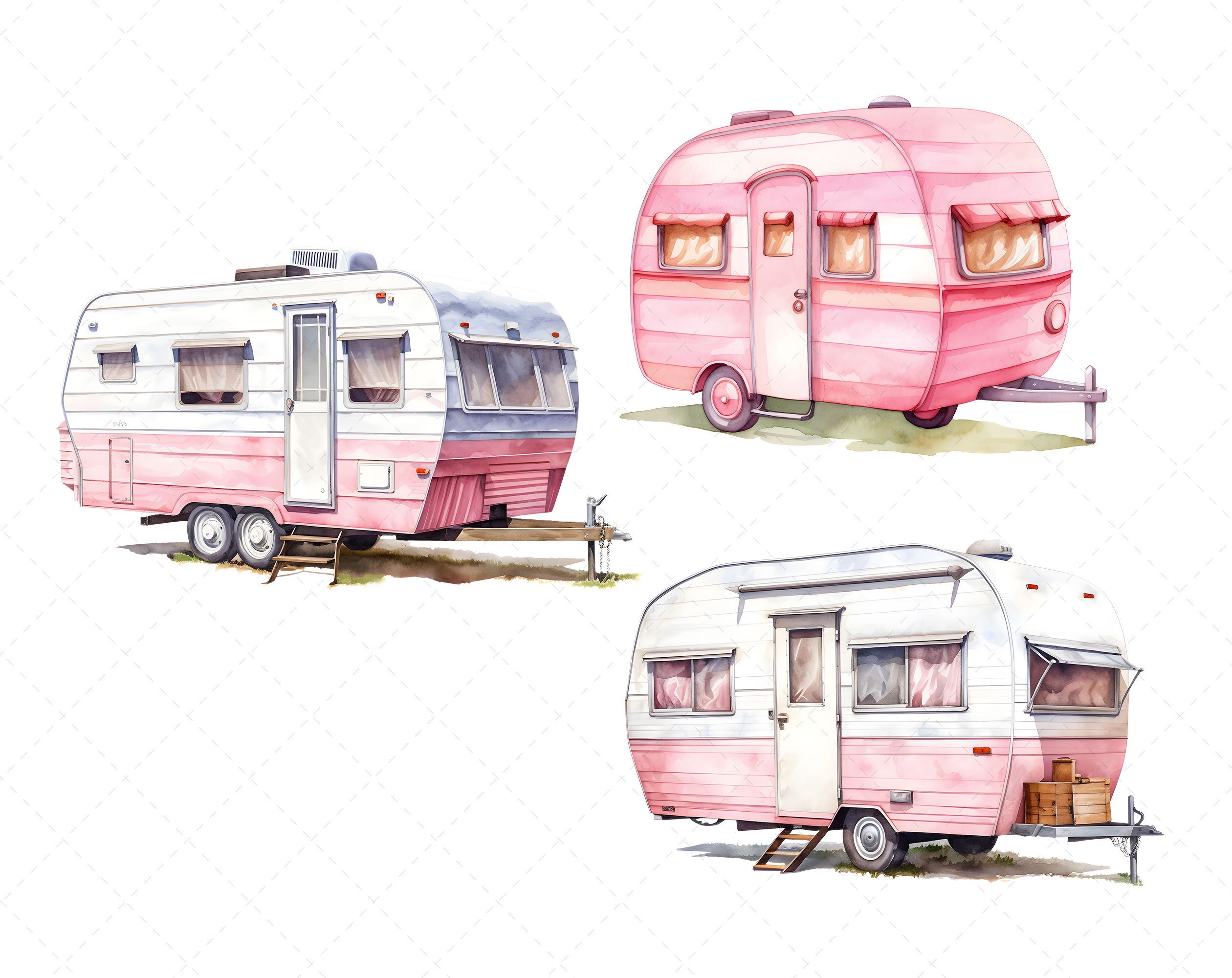 Pink Campers Vintage Clipart Bundle, Retro Flower Camping Trailers ...