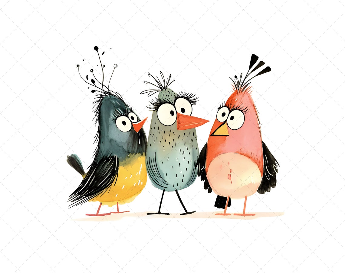 Funny Quirky Birds Watercolour Clipart, Whimsical Birds on a Branch ...