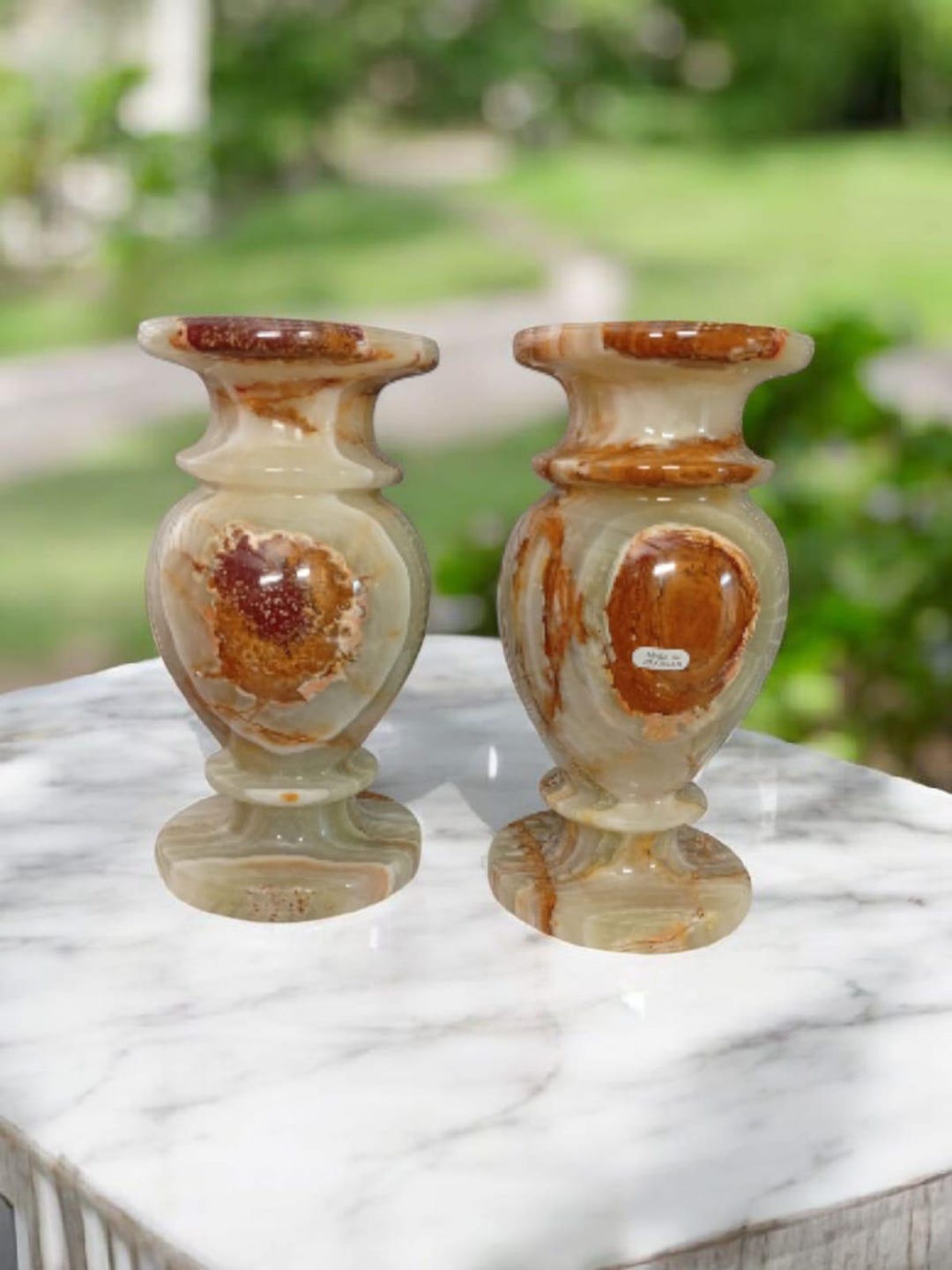 Set of 2 - 8x4in Handcrafted Onyx Marble Vases With Natural Brown Patch ...