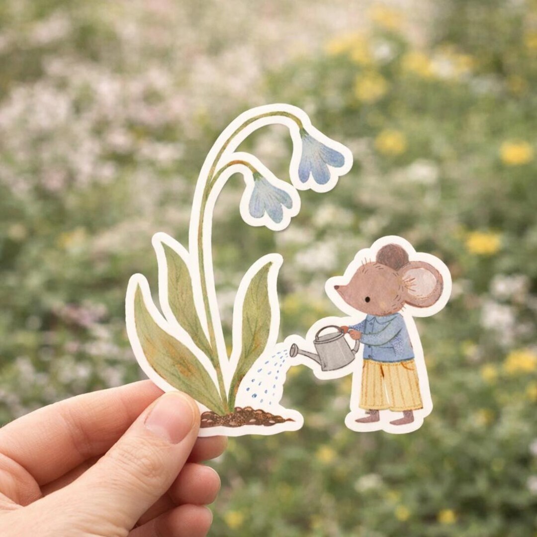 Mouse Watering Bluebell Sticker – Cottagecore Vinyl Laptop Decal - Etsy