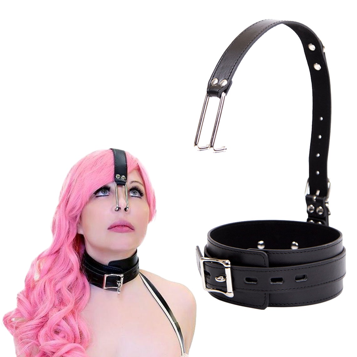 Bdsm Locking Collar Nose Hook And Silicone Ball Gag Bondage Restraint